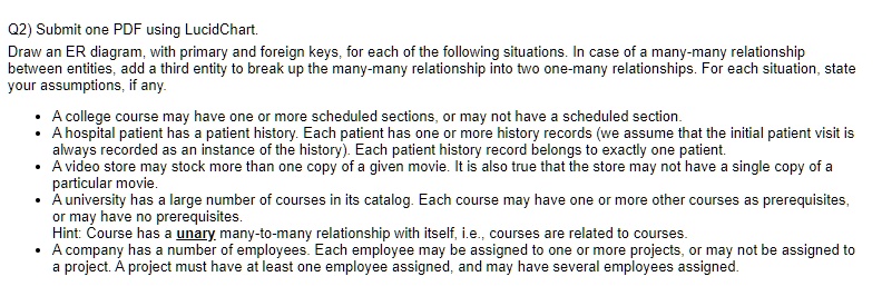 q2 submit one pdf using lucidchart draw an er diagram with primary and ...