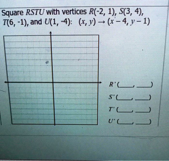 SOLVED: Square RSTU with vertices R(-2, 1), S(3, 4), T(6, -1), and U(1, 4): (x, y) (-4, -1) R