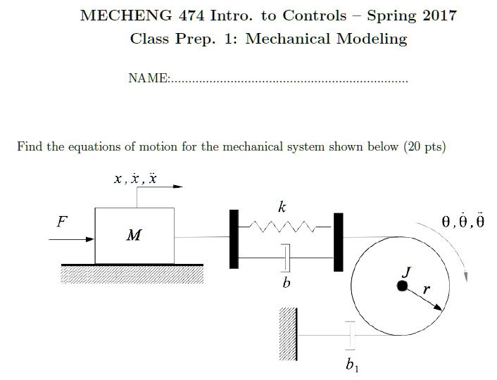 MECHENG 474 Intro. to Controls - Spring 2017 Class Prep. 1: Mechanical Modeling NAME: Find the ...