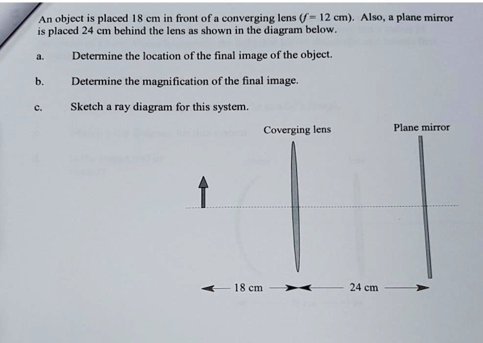 An object is placed 18 cm in front of a converging lens (f = 12 cm ...