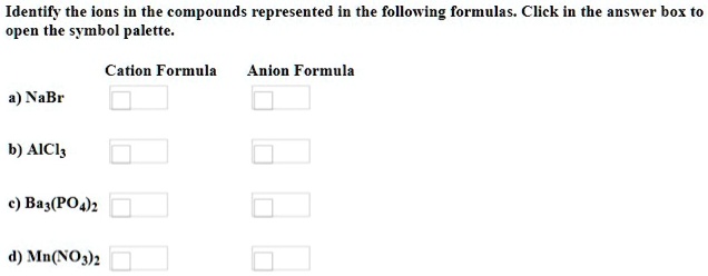 SOLVED: Identify the ions in the compounds represented in the following formulas Click in the ...