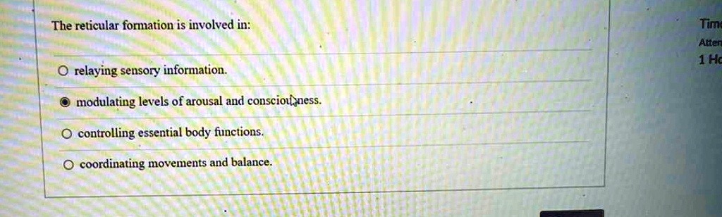 SOLVED: The reticular formation is involved in: - relaying sensory ...