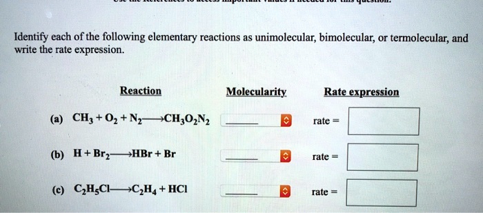 SOLVED: Reaction Molecularity Rateexpression CH4 + O2 â†’ CH3O2 + N2 ...