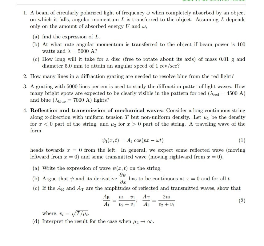 SOLVED: 1. A beam of circularly polarized light of frequency ω when ...