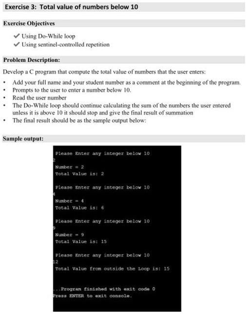 Solved Exercise 3 Total Value Of Numbers Below 10 Exercise Objectives Using Do While Loop 5380