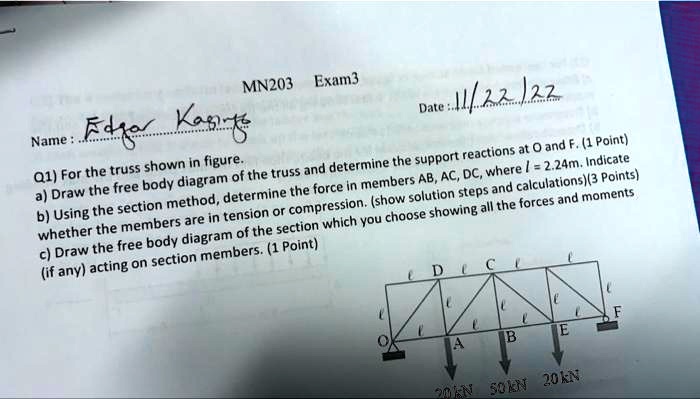 SOLVED: MN203 Exam 3 Date Name: Q1) For the truss shown in the figure ...