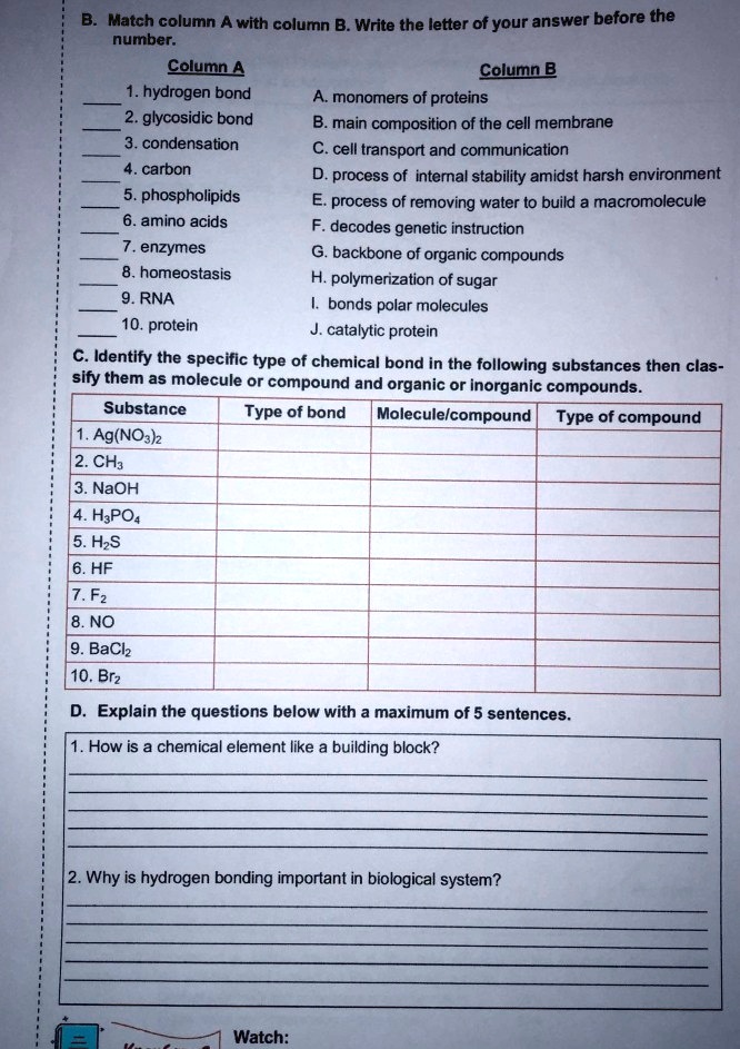 SOLVED: Match column with column B. Write the letter of your answer ...