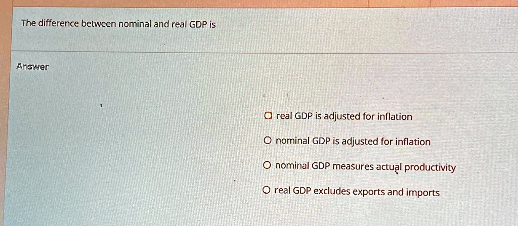 SOLVED: The difference between nominal and real GDP is: - Real GDP is ... SOLVED: The difference between nominal and real GDP is: - Real GDP is ...