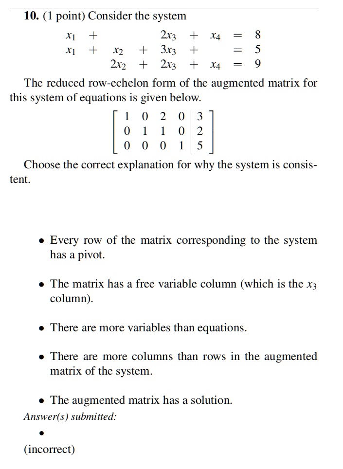 SOLVED:10. point) Consider the system X[ 2x3 + X4 X[ + X2 3x3 + 5 2x2 ...