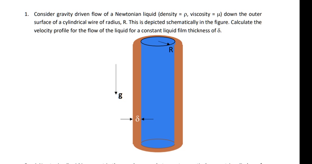 1. Consider gravity driven flow of a Newtonian liquid (density = ρ, viscosity = μ) down the ...