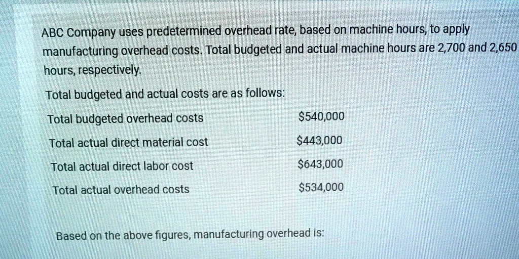 SOLVED: Manufacturing overhead ABC Company uses a predetermined ...