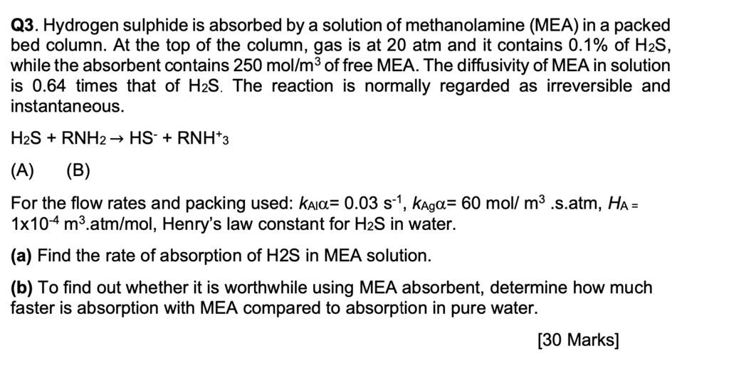 SOLVED: Q3. Hydrogen sulfide is absorbed by a solution of methanolamine ...