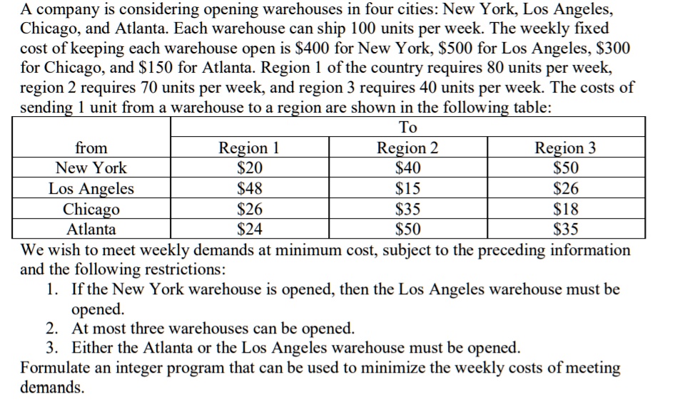 a company is considering opening warehouses in four cities new york los ...