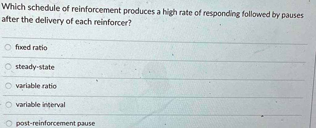 SOLVED: Which schedule of reinforcement produces a high rate of responding followed by pauses ...