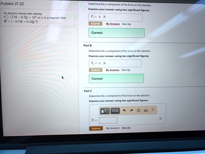 SOLVED: Problem 27.22 Determine the x-component of the force on the electron. Express your ...