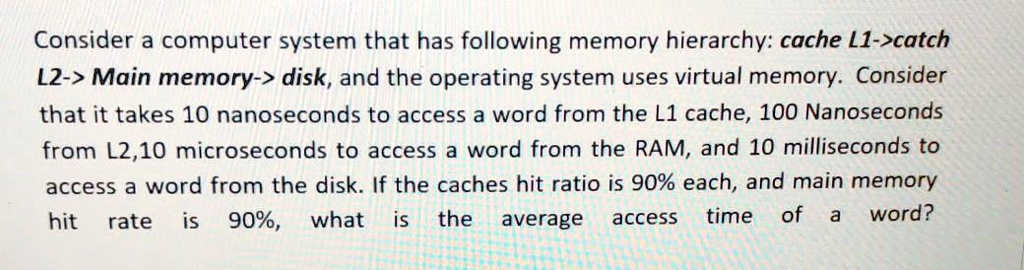 Consider a computer system that has following memory hierarchy: cache L1->catch L2-> Main memory ...