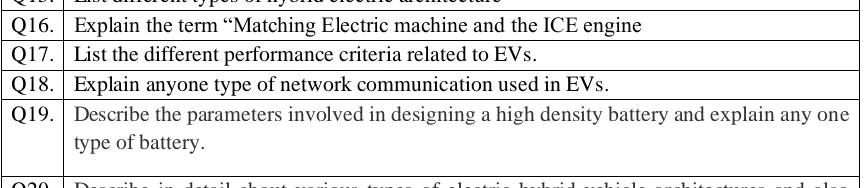 Q16. Explain the term "Matching Electric machine and the ICE engine Q17. List the different ...