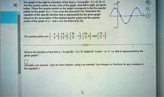 SOLVED: The graph to the right is a function of the form y = A cos(Bx ...