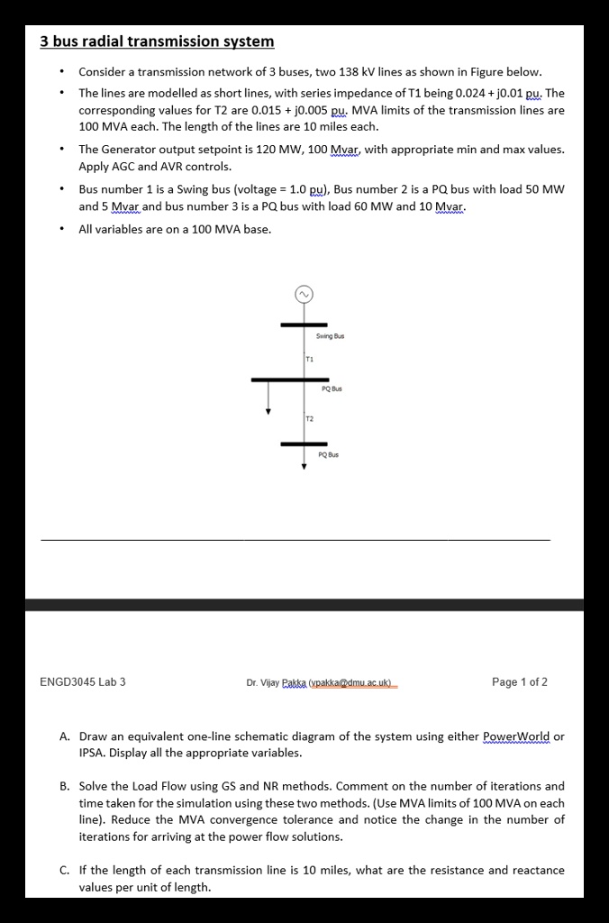 SOLVED: 3-bus radial transmission system Consider a transmission ...