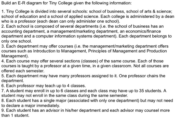 Build an E-R diagram for Tiny College given the following information: 1. Tiny College is ...