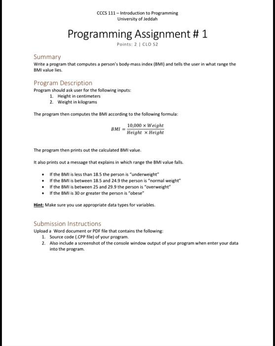 Solved Cccs 111 Introduction To Programming University Of Jeddah Programming Assignment 1 