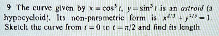 SOLVED: The curve given by x = cos(t), y = sin(t) is an astroid. Sketch the curve from t = 0 to ...