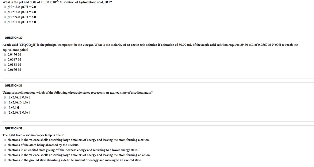 SOLVED:What is the pH and pOH of a [,00 5.0. POH PH = 7.0. POH = 9.0 ...