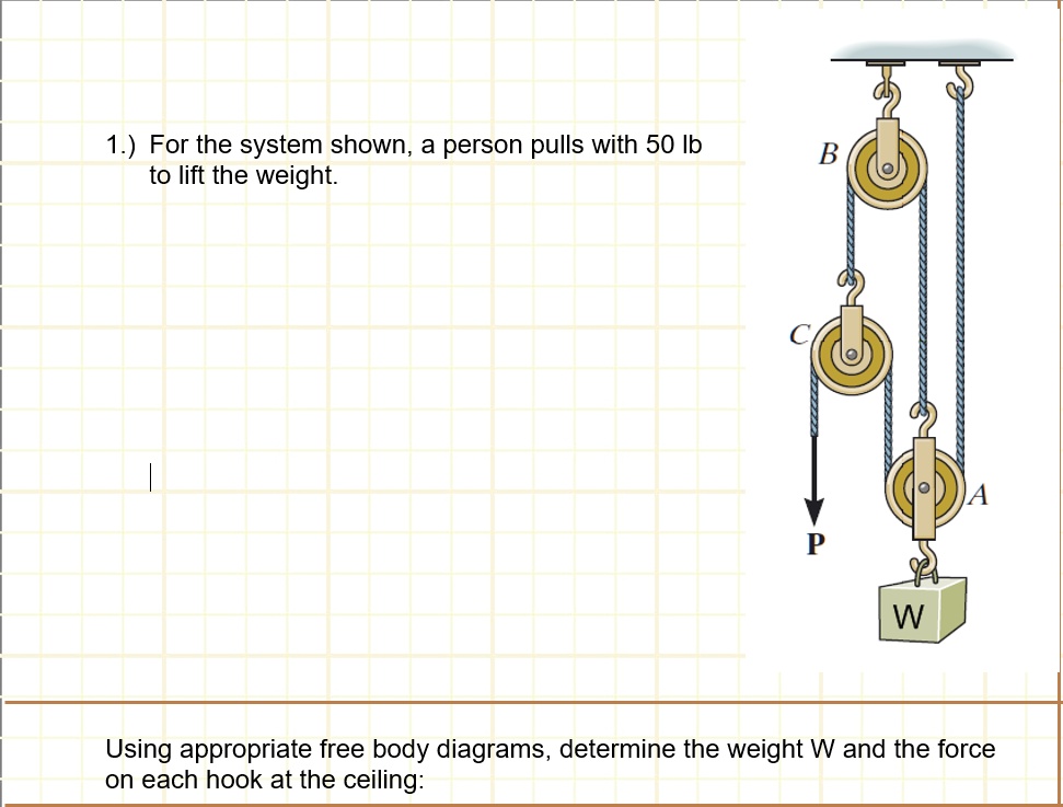 1.) For the system shown, a person pulls with 5o Ib to lift the weight ...