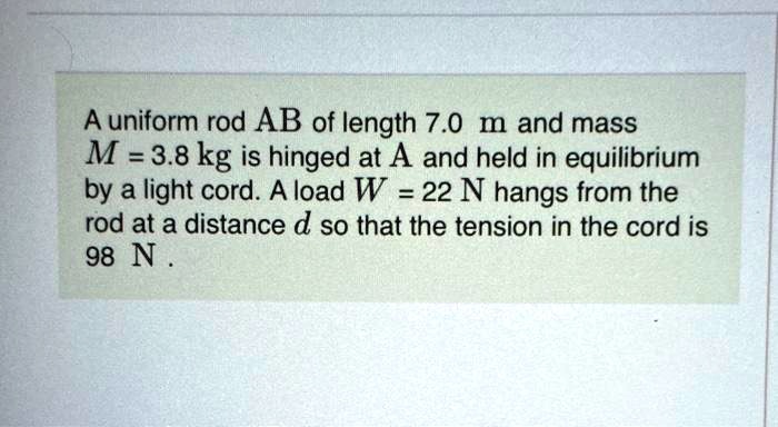 SOLVED: A uniform rod AB of length 7.0 m and mass M =3.8 kg is hinged at A and held in ...