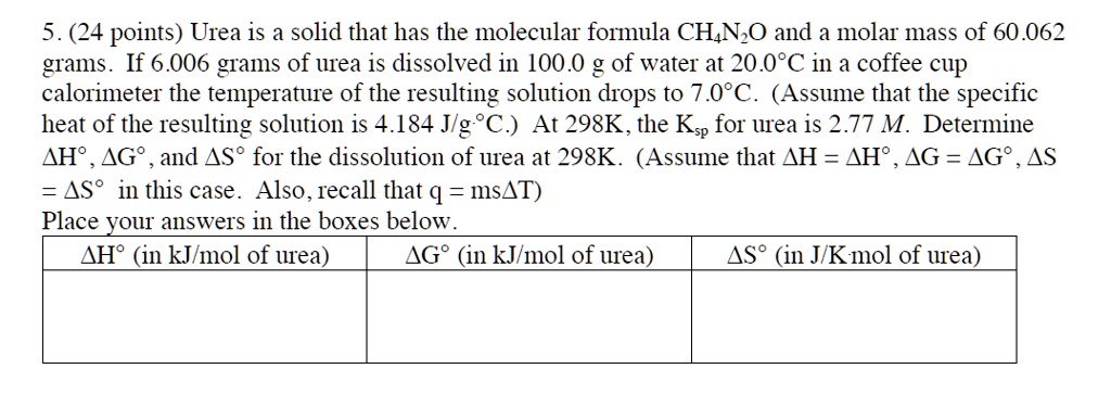 Urea is a solid that has the molecular formula CH4N2O and a molar mass ...