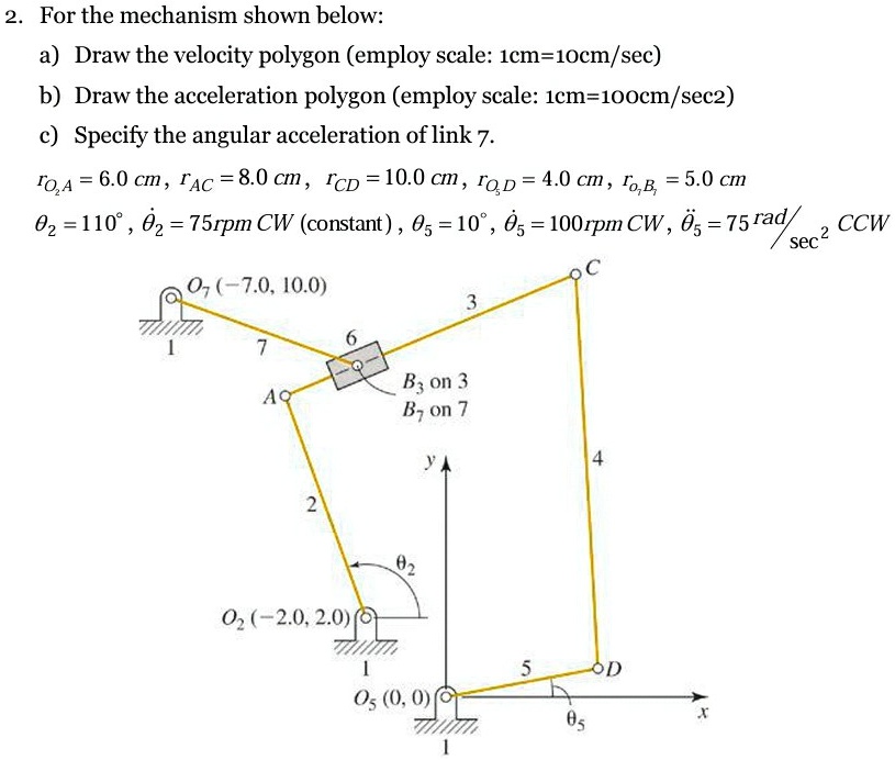SOLVED: 2.For the mechanism shown below a) Draw the velocity polygon (employ scale: 1cm=10cm/sec ...