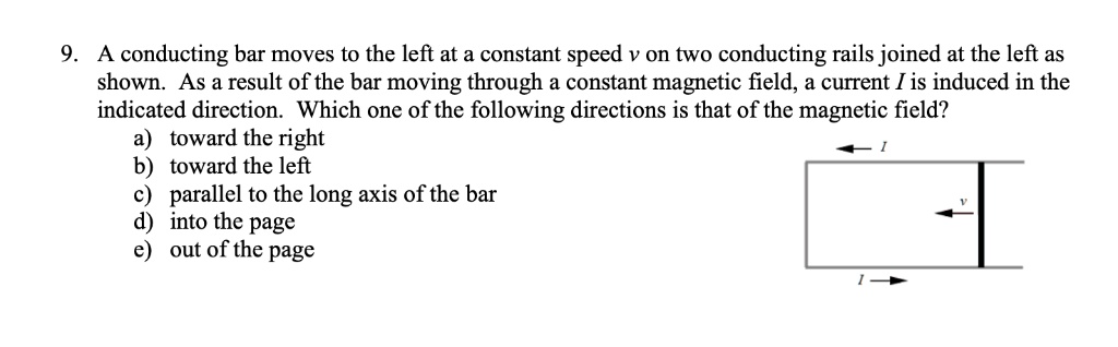 9. A conducting bar moves to the left at a constant speed v on two conducting rails joined at ...