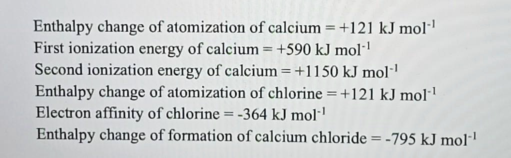 SOLVED: Enthalpy change of atomization of calcium = +121 kJ mol-1 First ...