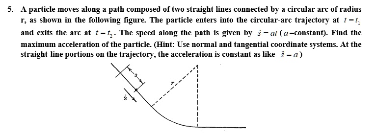 particle moves along path composed of two straight lines connected by circular arc of radius as ...