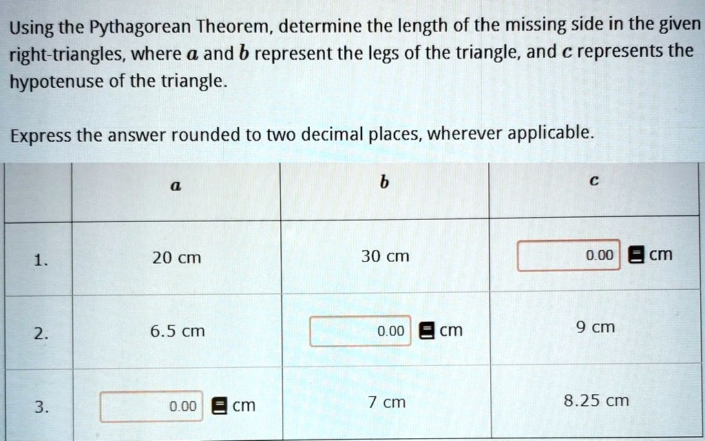SOLVED: Using the Pythagorean Theorem, determine the length of the missing side in the given ...