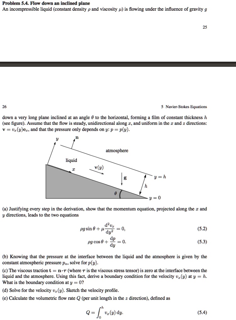 Problem 5.4. Flow down an inclined plane An incompressible liquid (constant density ρ and ...