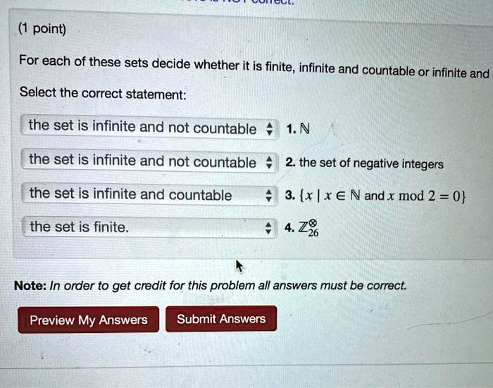 (1 point) For each of these sets decide whether it is finite, infinite ...