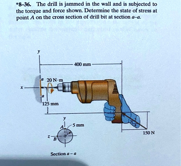 *8-36. The drill is jammed in the wall and is subjected to the torque ...