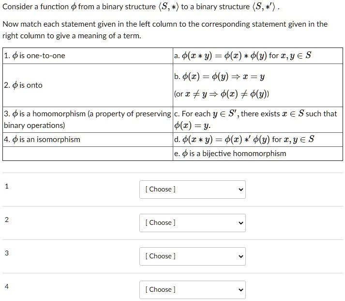 SOLVED: Consider a function 0 from binary structure (S,*) to binary ...