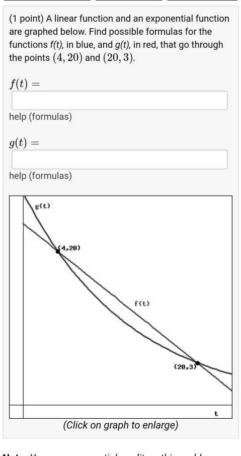 SOLVED: point) A linear function and an exponential function are graphed below: Find possible ...