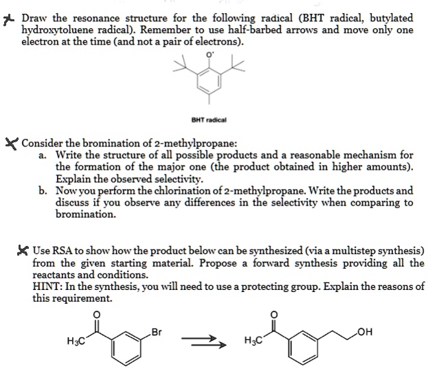 SOLVED: Draw the resonance structure for the following radical (BHT ...