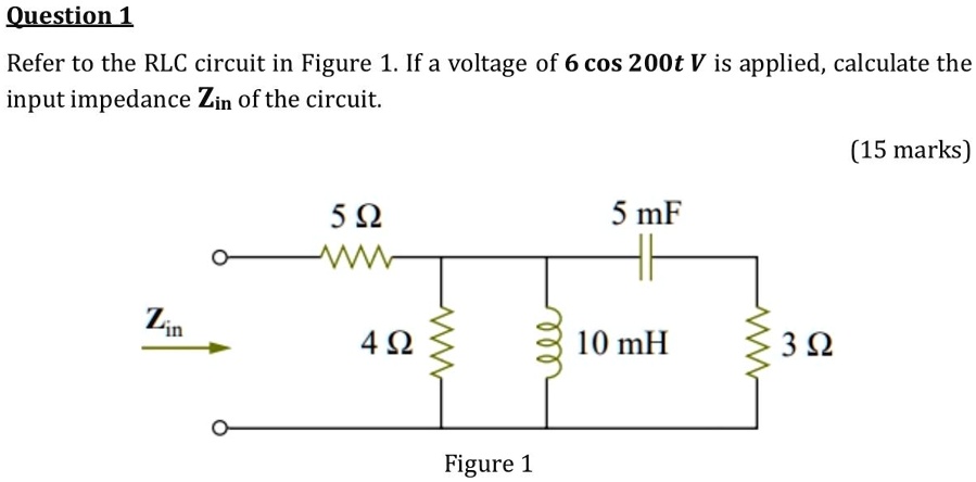 Question 1 Refer to the RLC circuit in Figure 1. If a voltage of 6 cos 200t V is applied ...
