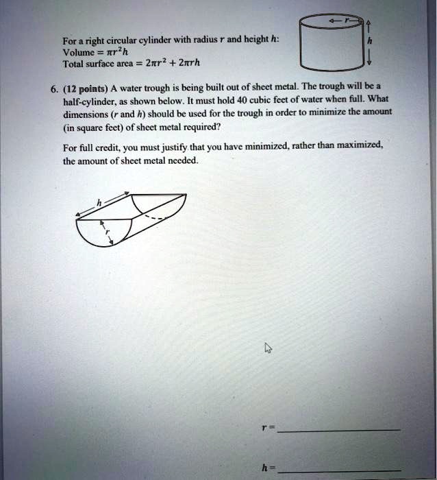 SOLVED: For a right circular cylinder with radius and height h: Volume ...
