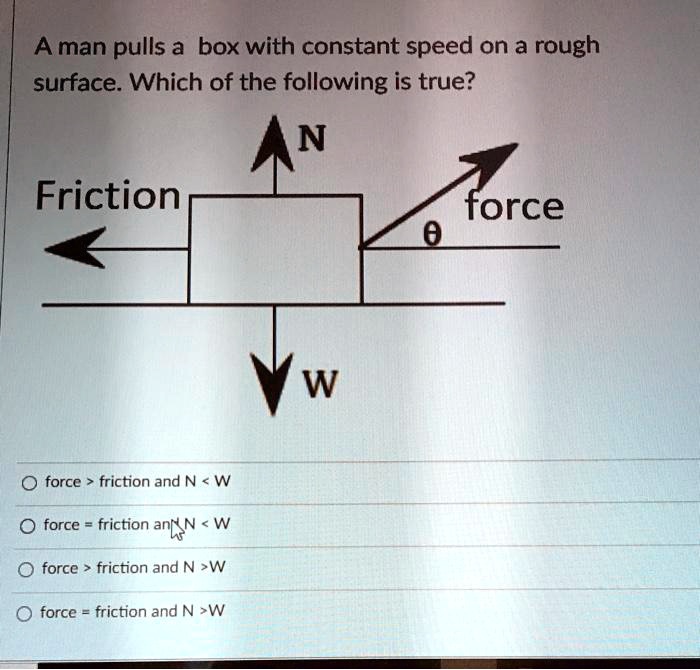 SOLVED: A man pulls a box with constant speed on a rough surface.Which of the following is true ...