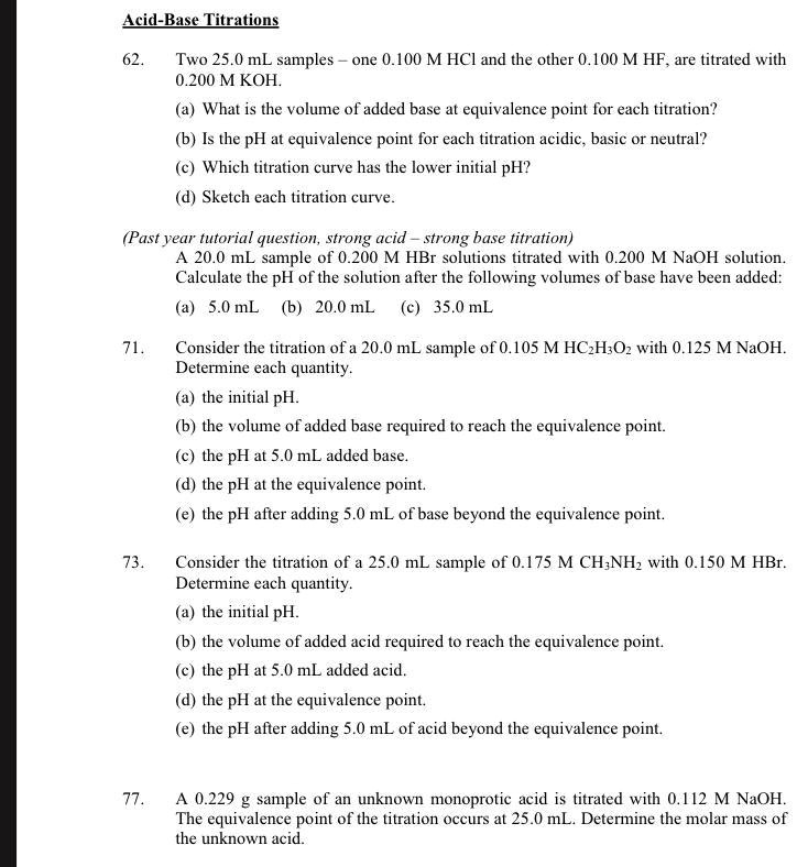 Acid-Base Titrations 62. Two 25.0 mL samples - one 0.100 M HCl and the ...
