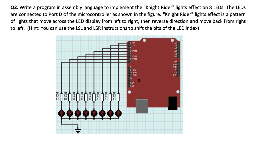SOLVED: Q2. Write a program in assembly language to implement the "Knight Rider" lights effect ...