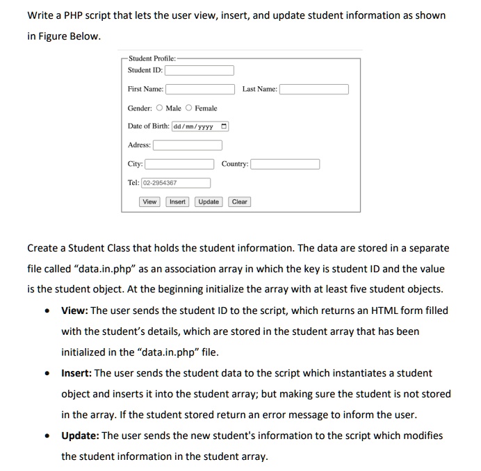 write a php script that lets the user view insert and update student ...