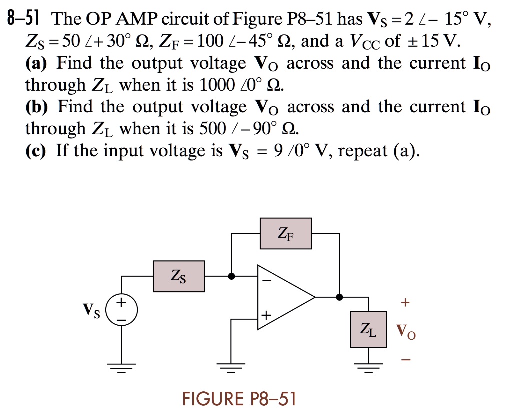 the op amp circuit of figure p851 has vs 2 ff 15 v zs 50 ff 30 zf 100 ...