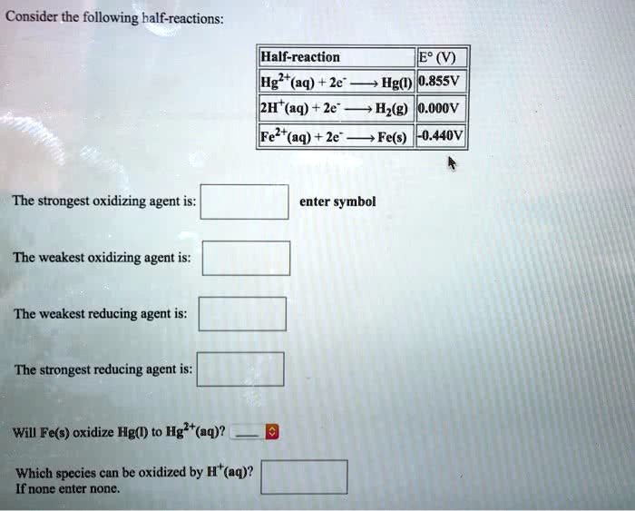 SOLVED: Consider the following half-reactions: Half reaction: 2H+ (aq ...