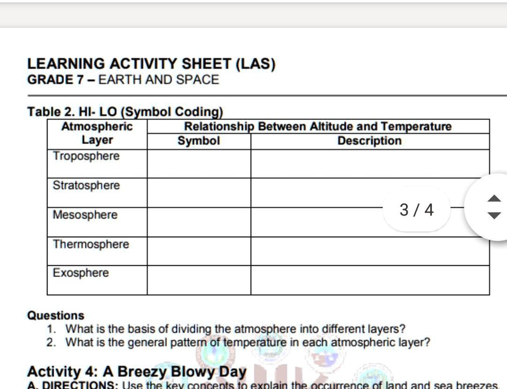 LEARNING ACTIVITY SHEET (LAS) GRADE 7 — EARTH AND SPACE Table 2. HI- LO ...